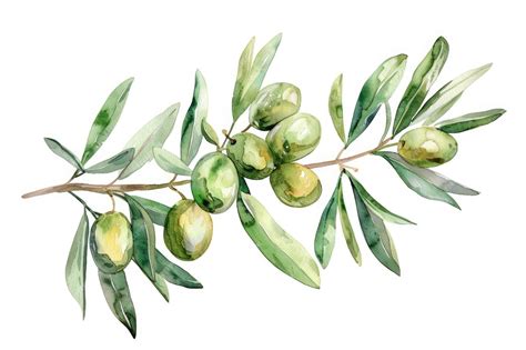 Olive Branch Drawing Green Olives Watercolor Illustration With Leaves And Tree Branch Premium