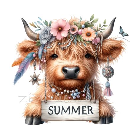 15 Summer Highland Cow Clipart Png Floral Cow With Feathers And