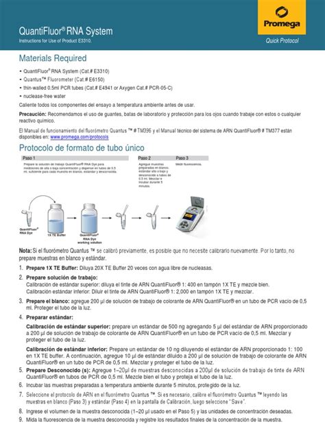 Quantifluor Rna System Quick Protocol Fb199 Traducido Pdf