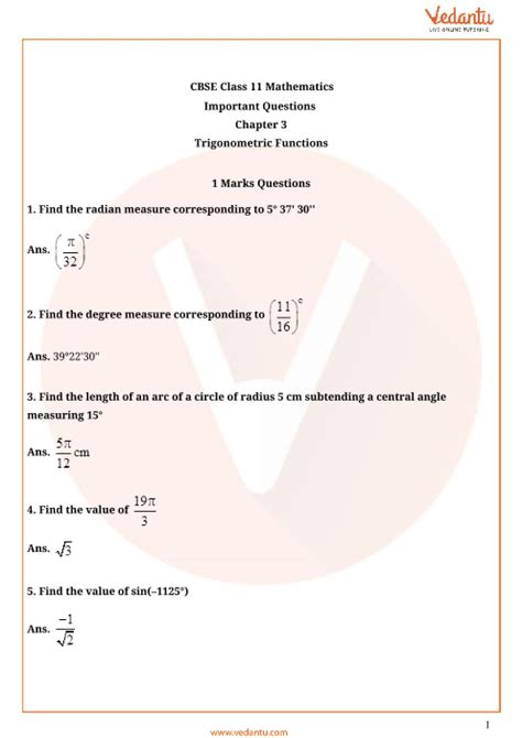 Important Questions For Cbse Class 11 Maths Chapter 3 Trigonometric