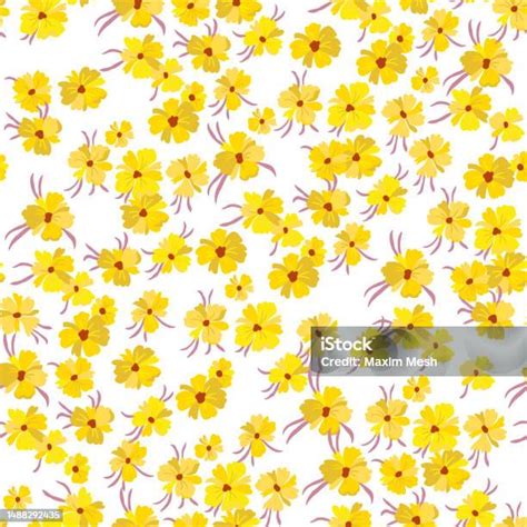 양식화된 꽃 모티프 많은 작은 꽃 구멍 흰색 배경에 반점의 벡터 매끄러운 패턴 손으로 작은 노란 꽃을 그렸다 노란색의 매끄러운 꽃 배경 0명에 대한 스톡 벡터 아트 및 기타