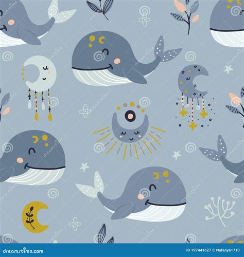 Seamless Pattern With Celestial Whale And Moon Stock Vector
