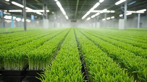 Futuristic Indoor Wheatgrass Farm With Led Lights And Automated
