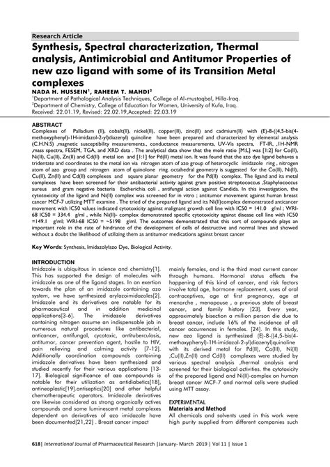 Pdf Synthesis Spectral Characterization Thermal Analysis Antimicrobial And Antitumor