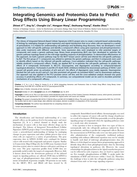 Pdf Integrating Genomics And Proteomics Data To Predict Drug Effects Using Binary Linear