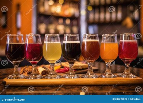 Close Up Of Beer Flight Sampler With Tasting Notes Stock Image Image