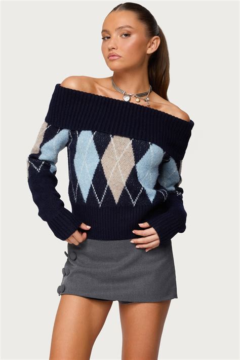 Jakarie Argyle Foldover Sweater Edikted