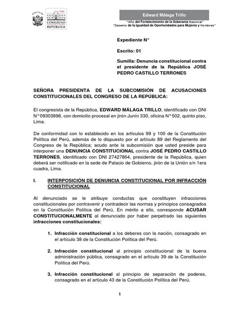 Denuncia Constitucional Contra El Presidente Pedro Castillo