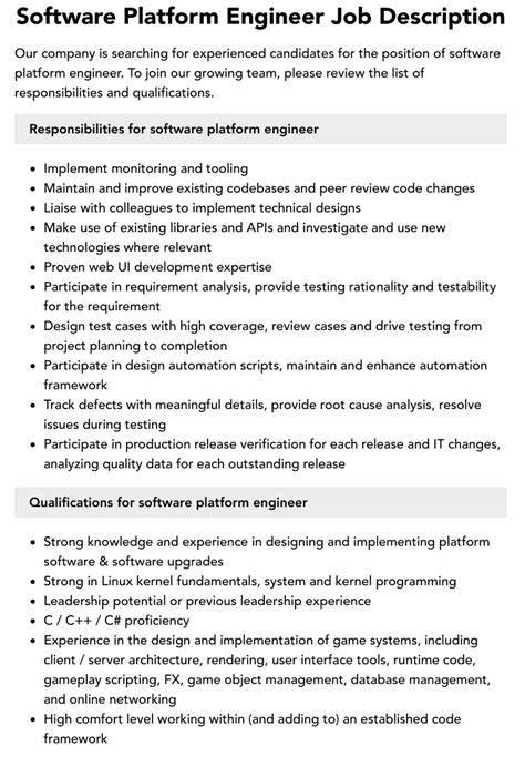 Software Platform Engineer Job Description Velvet Jobs