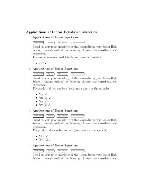 Applications Of Linear Equations Exercise 1 Pdf Equations