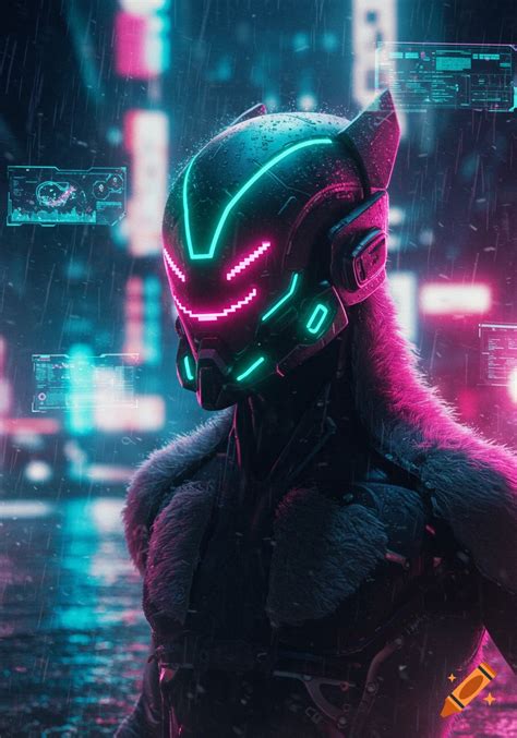 A Close Up Of A Futuristic Protogen In A Rainy Neon Lit Cyberpunk City