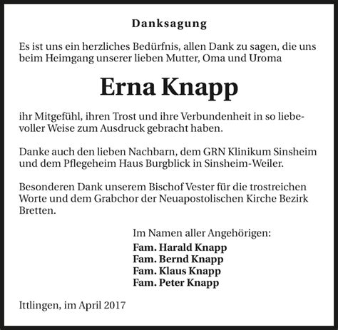 Traueranzeigen Von Erna Knapp Trauerundgedenken De