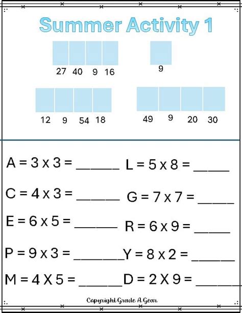 Summer Math Fact Review Multiplication By Grade A Gear Tpt