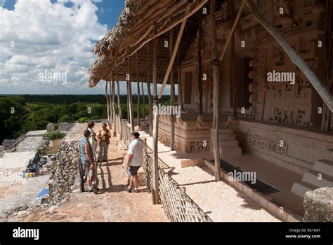 Tourists View The Stucco Jaguar Altar At Ek Balam Black Jaquar A