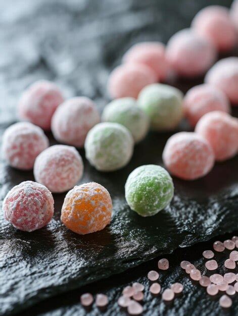 Premium Photo A Group Of Round Candies On A Black Surface