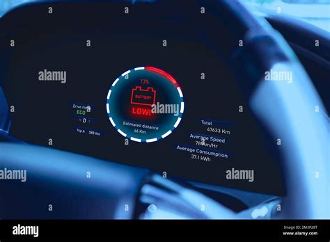 Low Battery Warning Light On Instrument Panel Of Ev Electric Vehicle Alternative Energy Concept
