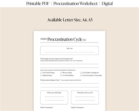 Printable Procrastination Worksheet Digital Therapy Journal Action