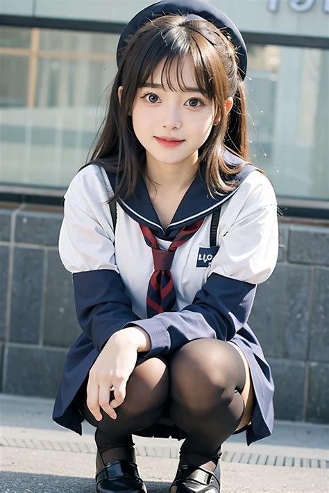 There Is A Young Woman In A Uniform Squatting On The Ground Seaart Ai