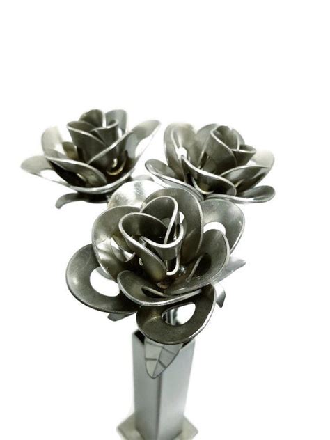 Three Metal Roses And Vase Recycled Metal Roses And Vase Steampunk