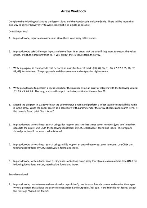 Arrays Workbook For Students Arrays Workbook Complete The Following