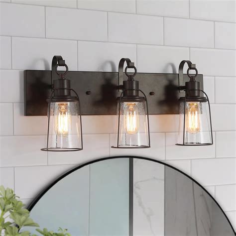 Modern Farmhouse Rust 3 Light Vanity Lights With Seeded Glass Shade