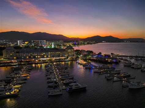 Night Time Sunset Drone Shot At Cairns Marina And Esplanade Editorial
