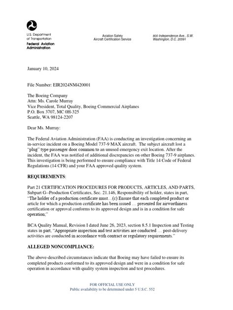 Faa Letter To Boeing Pdf Federal Aviation Administration Aviation