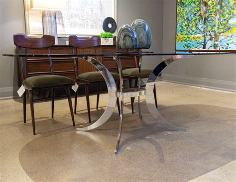 Vintage Modern Dining Table With Sculpted Metal Base Table And Smoked
