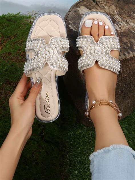 Women Rhinestone And Faux Pearl Decor Slides Glamorous Outdoor Slides