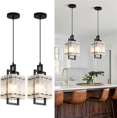 Modern Pendant Lights Kitchen Island 2 Pack Matte Black Pendant Lights Water Ripple Glass Square