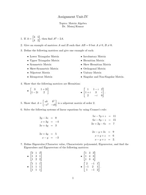 Assignment Pdf Matrix Mathematics Eigenvalues And Eigenvectors