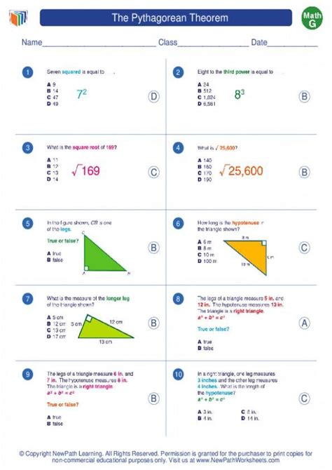 The Pythagorean Theorem 7th Grade Math Worksheets Study Guides And