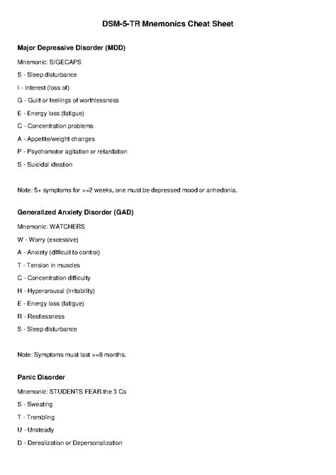 Dsm 5 Tr Cheat Sheet Mnemonics For Mental Health Disorders Studocu