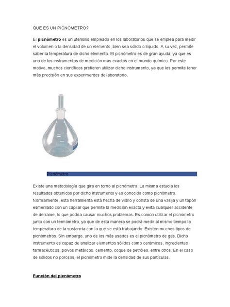 Función Y Características Del Picnómetro Pdf Laboratorios Densidad