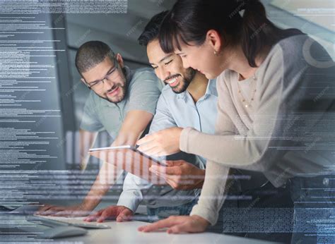 Premium Photo Business People Coding Overlay And Information