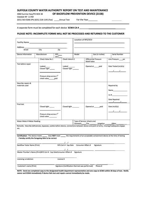 Report On Test And Maintenance Of Backflow Prevention Device Form