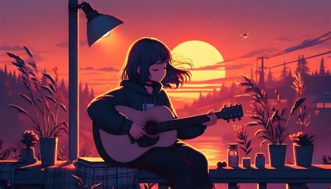 A Girl Playing Guitar In A Sunset With A Sunset In The Background Premium Ai Generated Image