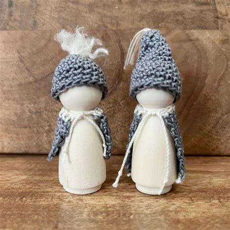 Winter Peg Dolls W Hats And Capes Crochet Gray White Handmade In Ca