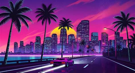 Miami Vice City Sunset Neon Illustration Retro 80s Synthwave Style