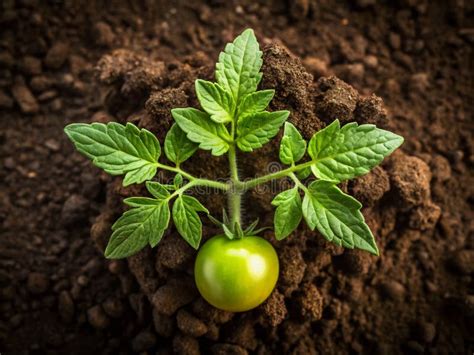 A Tiny Green Tomato Sprout Emerges From Brown Soil A Closeup View Of