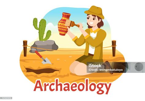 고대 유적 유물 및 공룡 화석의 고고학적 발굴이 있는 고고학 삽화는 평평한 만화 손으로 그린 템플릿 건축에 대한 스톡 벡터 아트 및 기타 이미지 Istock