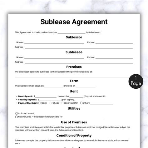 Simple Sublease Agreement One Page Commercial Sublet Contract Form