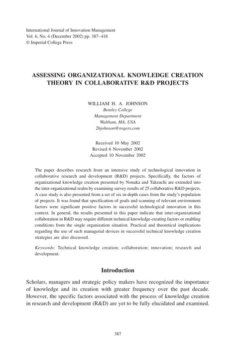 Pdf Assessing Organizational Knowledge Creation Theory In