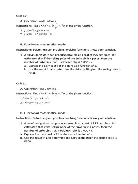 Genmath Quiz Operation On Functions Pdf