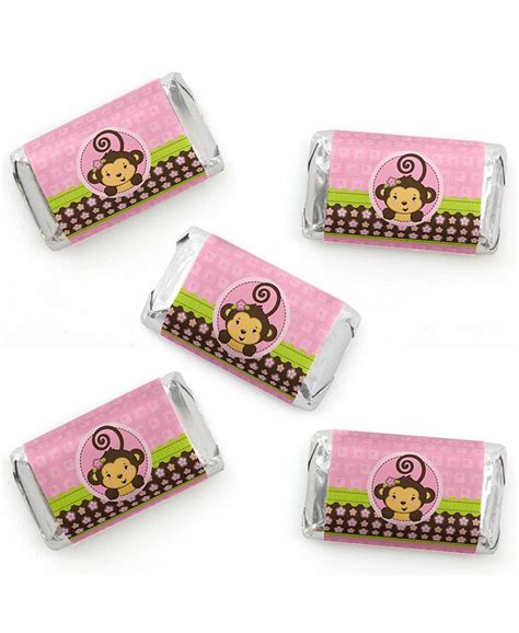 Big Dot Of Happiness Pink Monkey Girl Mini Candy Bar Wrapper Stickers