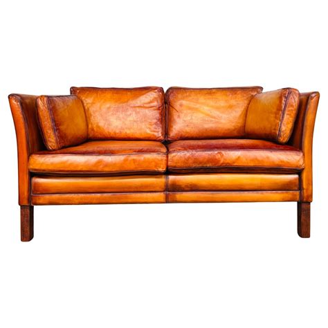 Stunning Vintage Stouby Danish 70s Patinated Tan Three Seater Leather