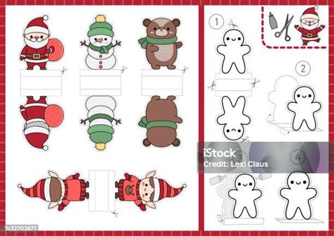 벡터 크리스마스 종이 인형 세트 산타 클로스 눈사람 엘프 아이들을위한 스카프에 곰이있는 귀여운 손가락 인형이나 칩 겨울 휴가는
