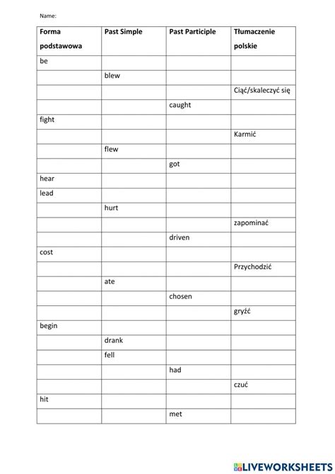 Czasowniki Nieregularne Worksheet For 8 Verb Worksheets Irregular