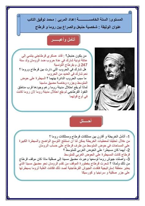 السنة الخامسة ابتدائي تاريخ حنبعل و الصراع القرطاجي الروماني مذكرة