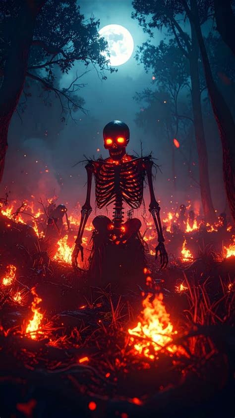 Digital Pixel Art Of Burning Skeleton In Dark Forest Under Moonlight At